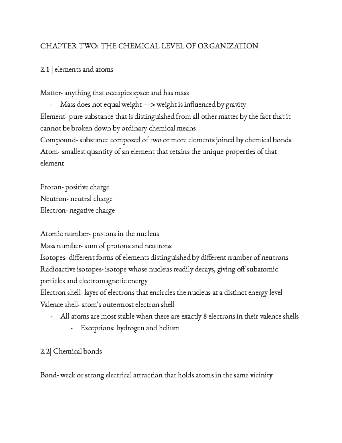 Chapter TWO THE Chemical Level OF Organization - CHAPTER TWO: THE ...