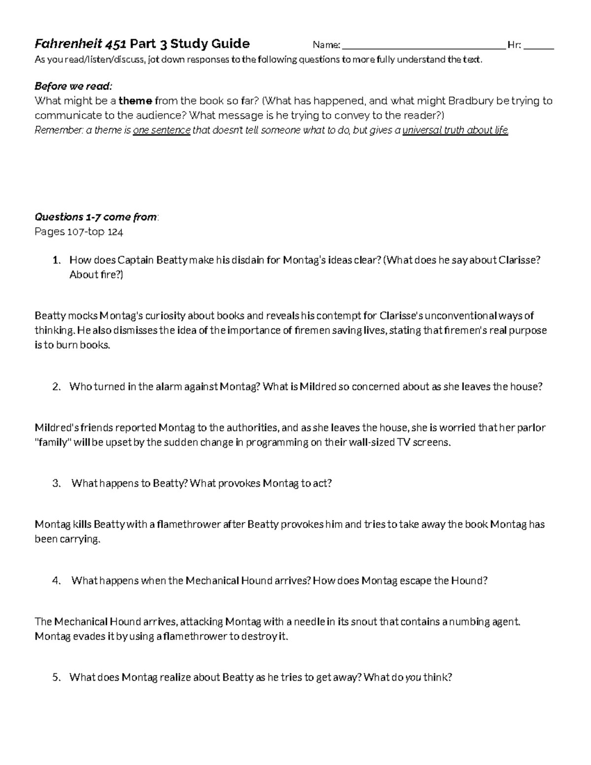 Copy of F451 Part 3 Study Guide - Fahrenheit 451 Part 3 Study Guide ...