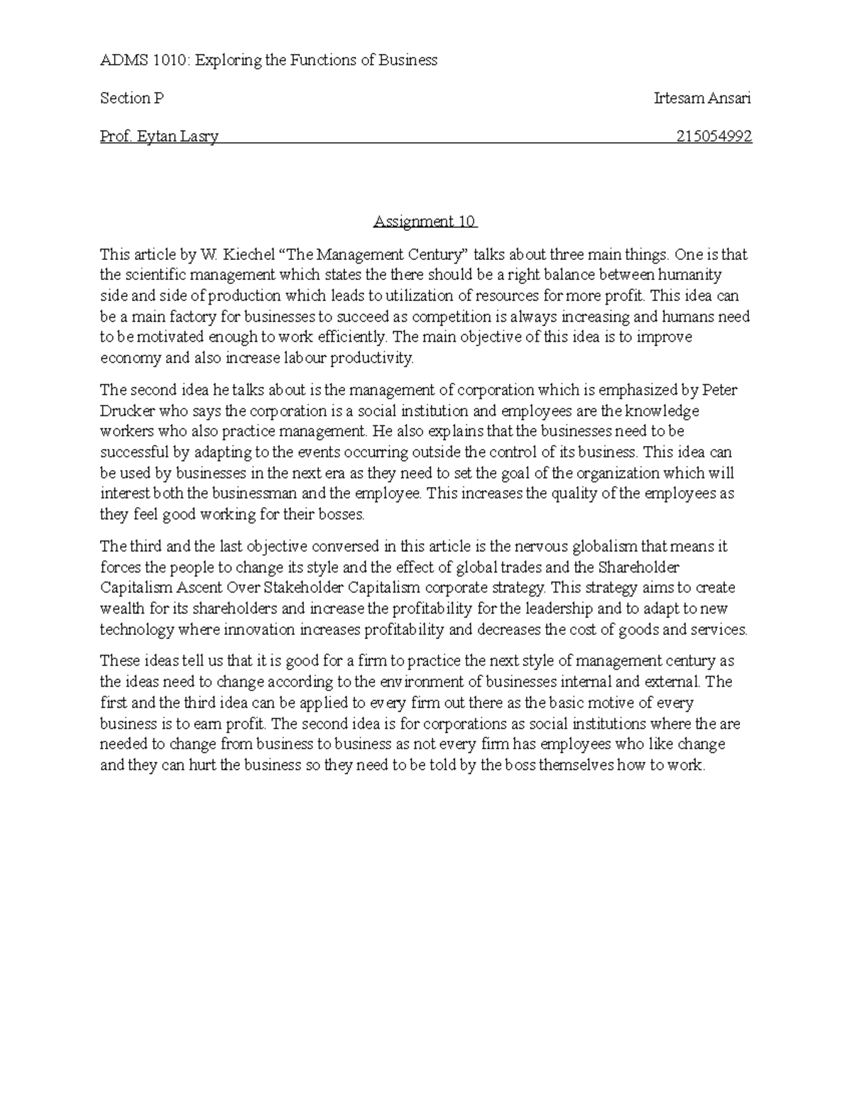 Week 9 assignment - ninth week - ADMS 1010: Exploring the Functions of Business Section P ...