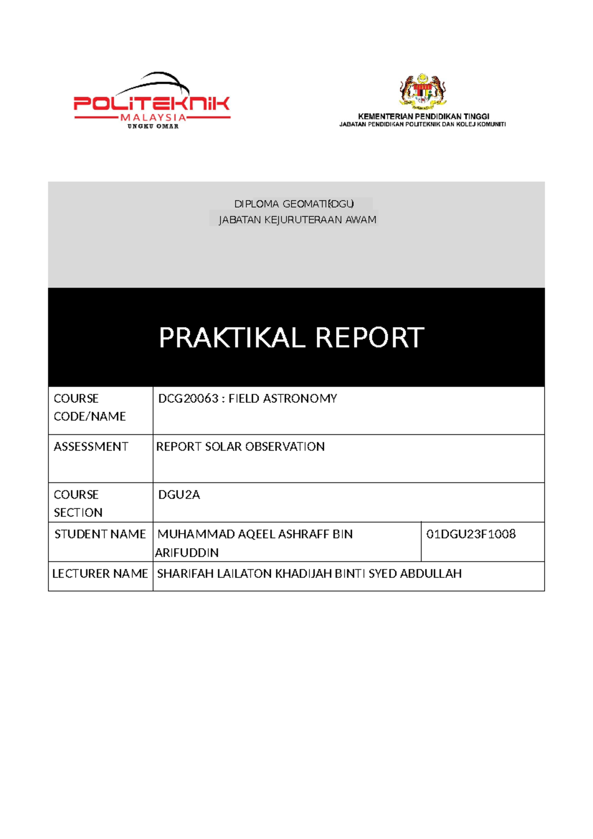 Praktikal Report Solar Observation - PRAKTIKAL REPORT COURSE CODE/NAME ...