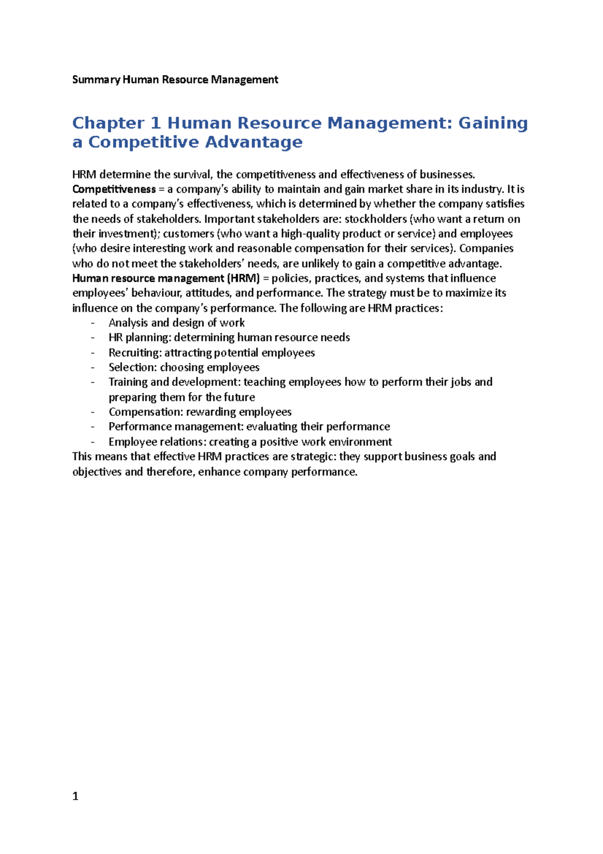 Summary Human Resource Management - Summary Human Resource 1 Human ...