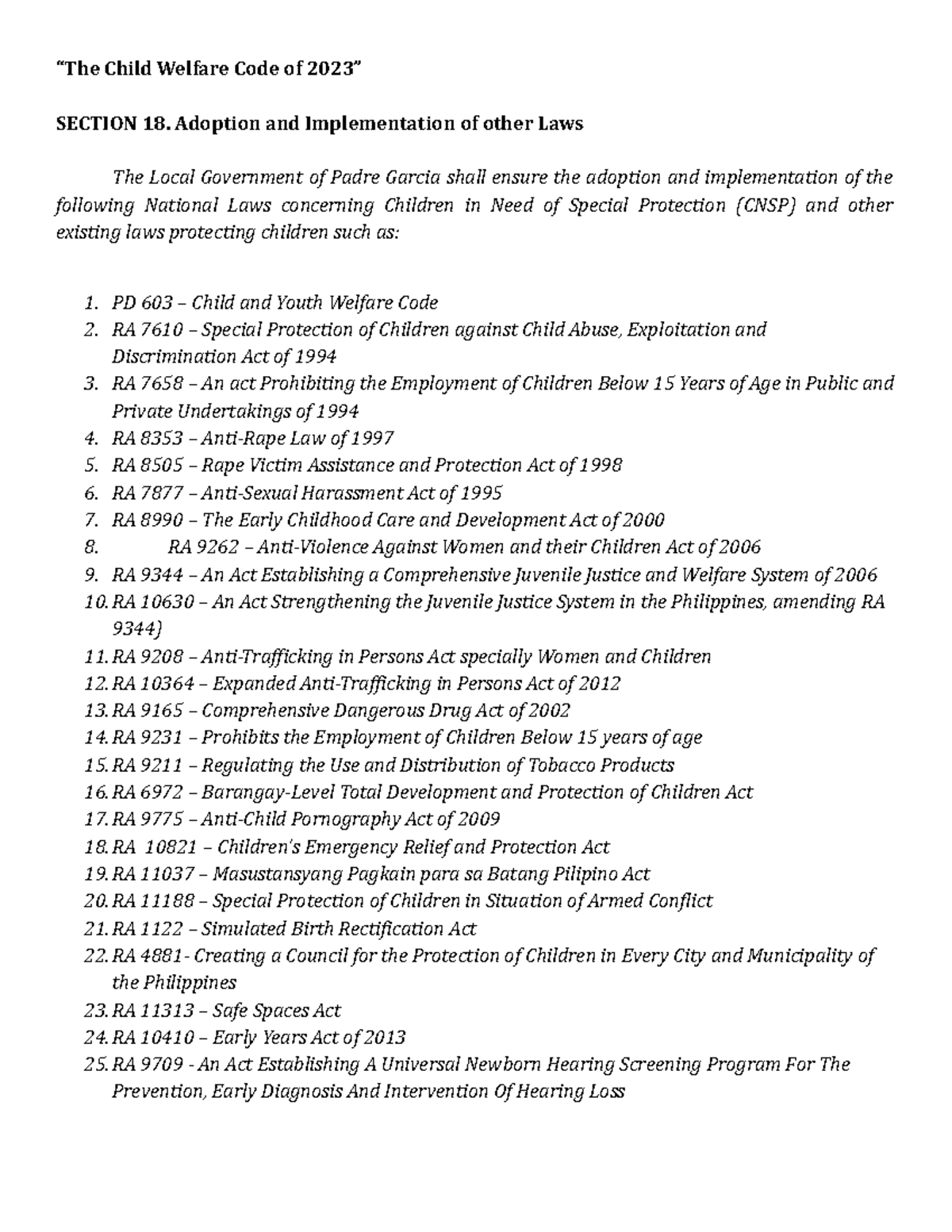 Child Welfare Code of Padre Garcia Batangas - “The Child Welfare Code ...