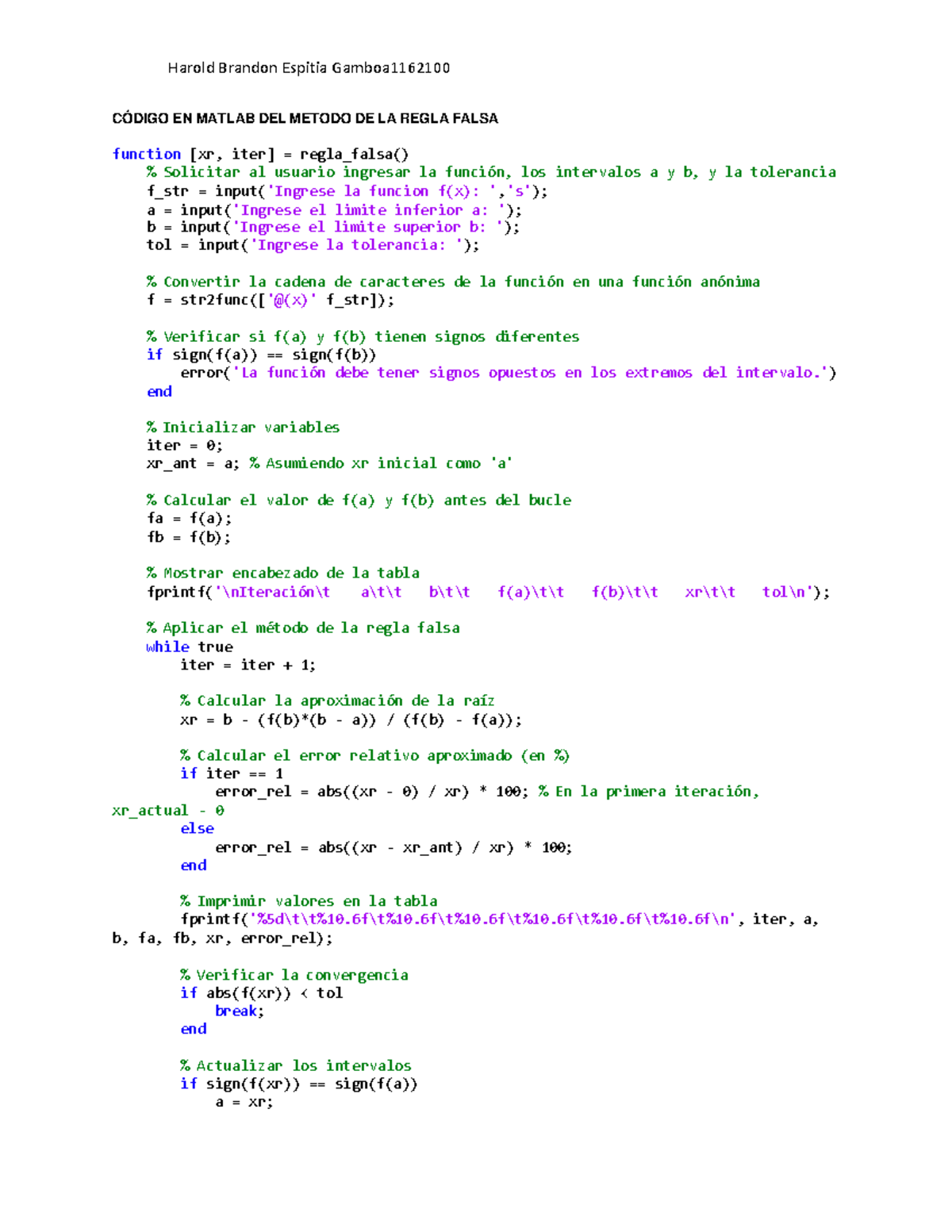 Código EN Matlab DEL Metodo DE LA Regla Falsa Brandon 1 - Harold ...