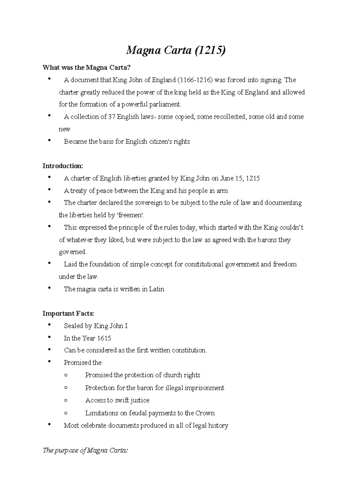 Origin of Government Magna Carta 1215 - Magna Carta (1215) What was the ...