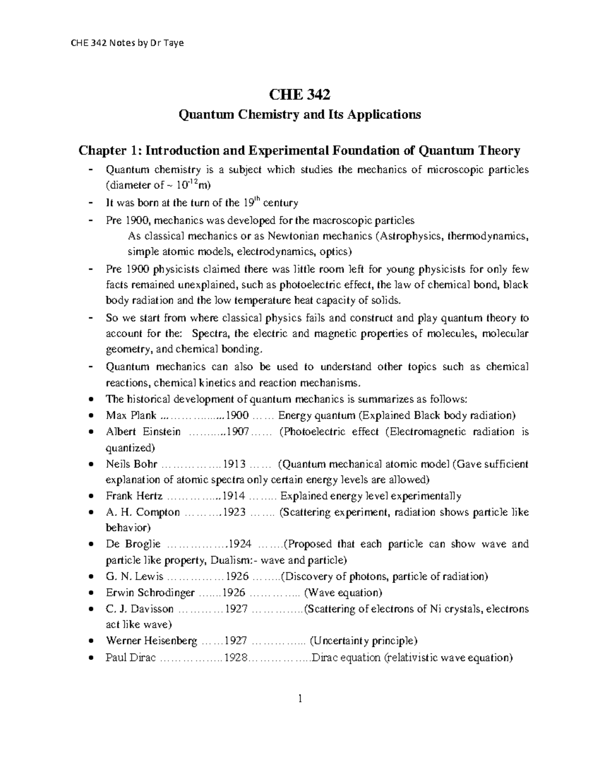 CHE 342 Chapter 1 - Bohr model - CHE 342 Quantum Chemistry and Its ...