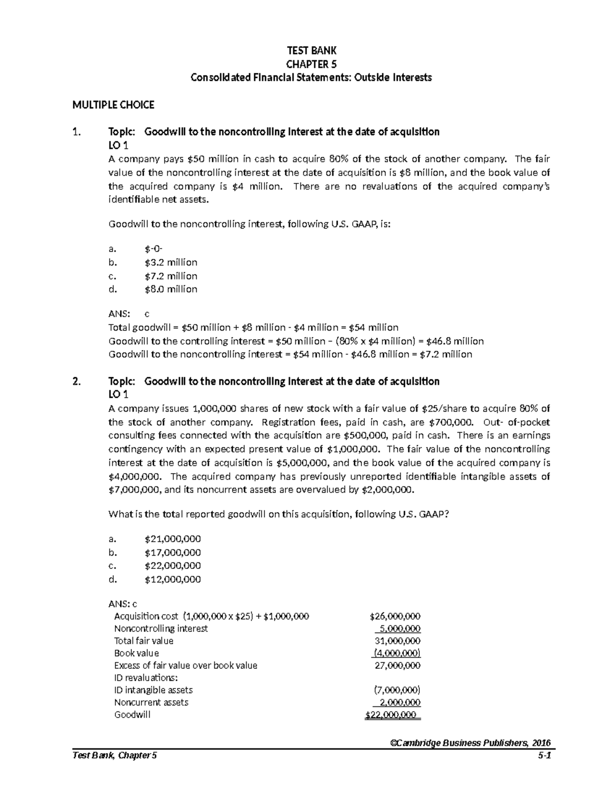 Hamlen 3e Testbank Ch05 091815 - TEST BANK CHAPTER 5 Consolidated ...