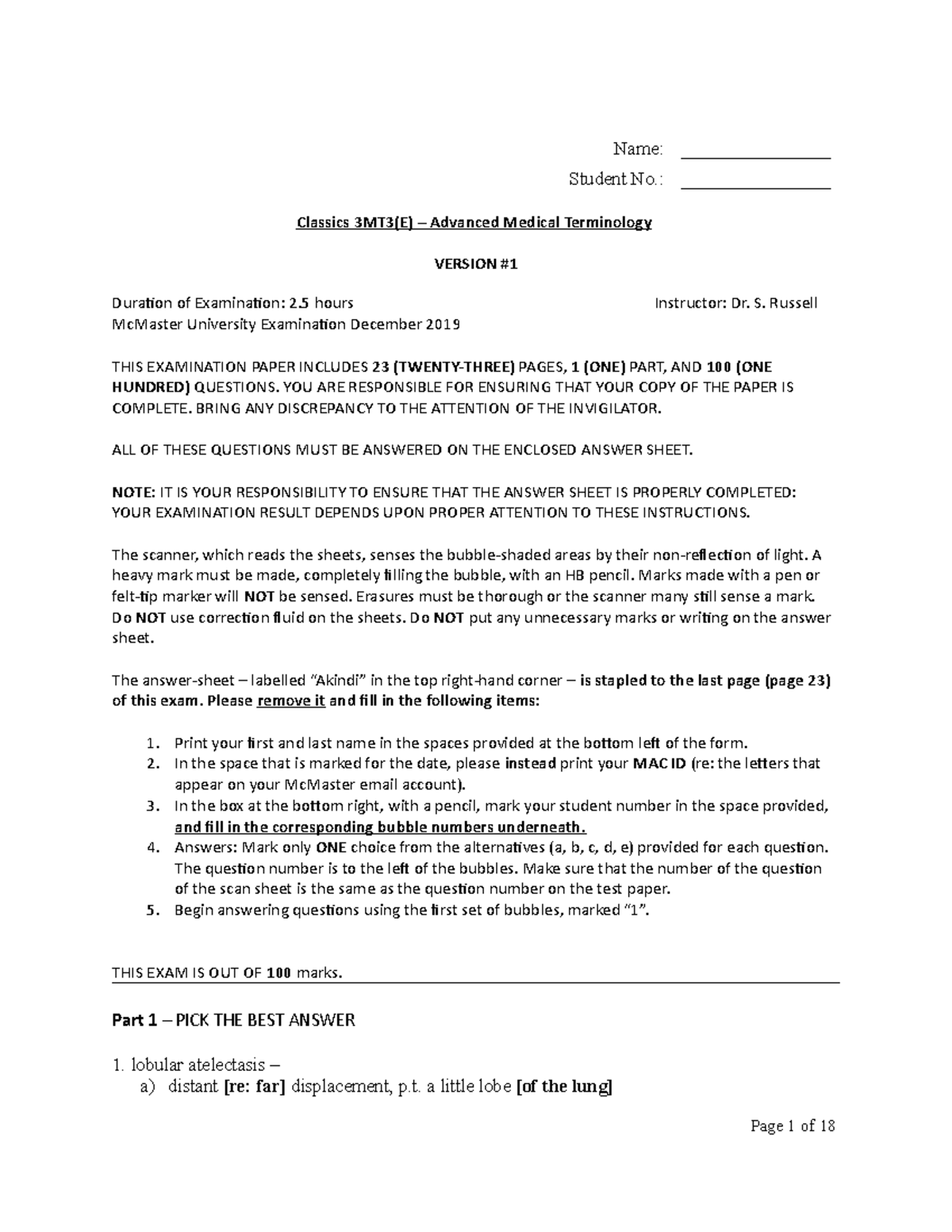 00 - Exam Review - Notes - Name: ________________ Student No ...