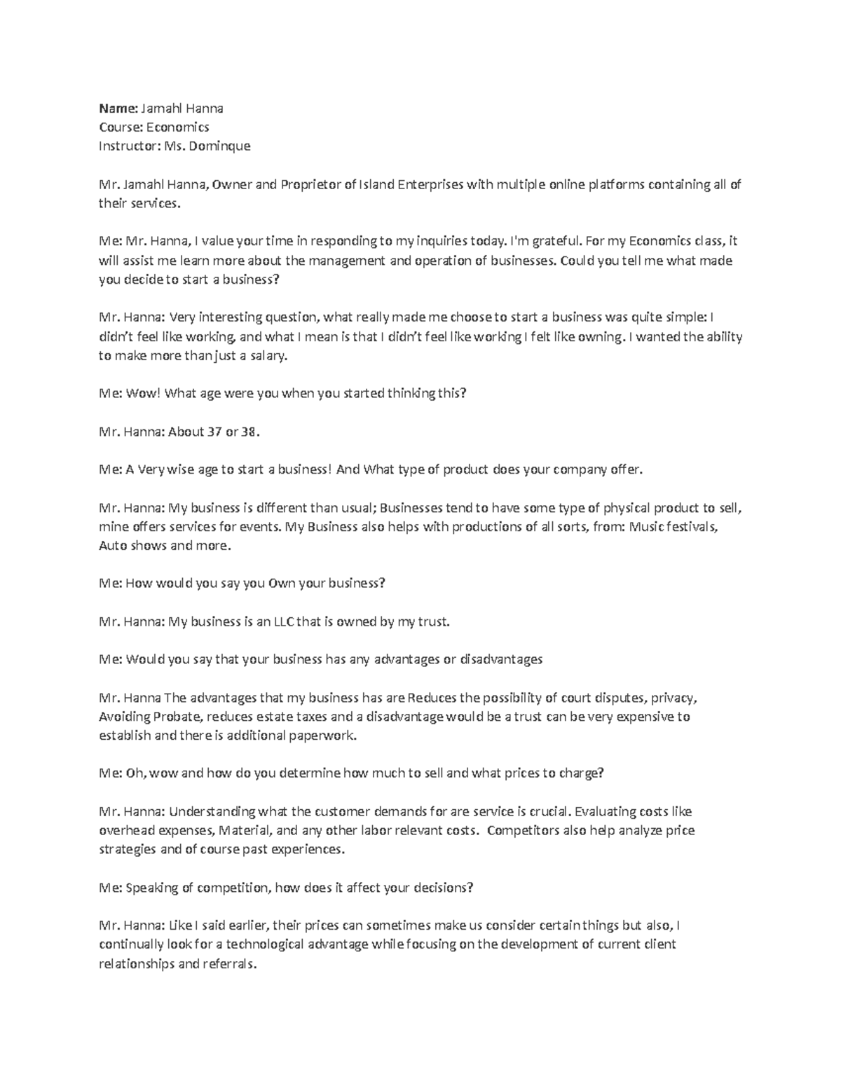 02.05 honors - Name: Jamahl Hanna Course: Economics Instructor: Ms ...