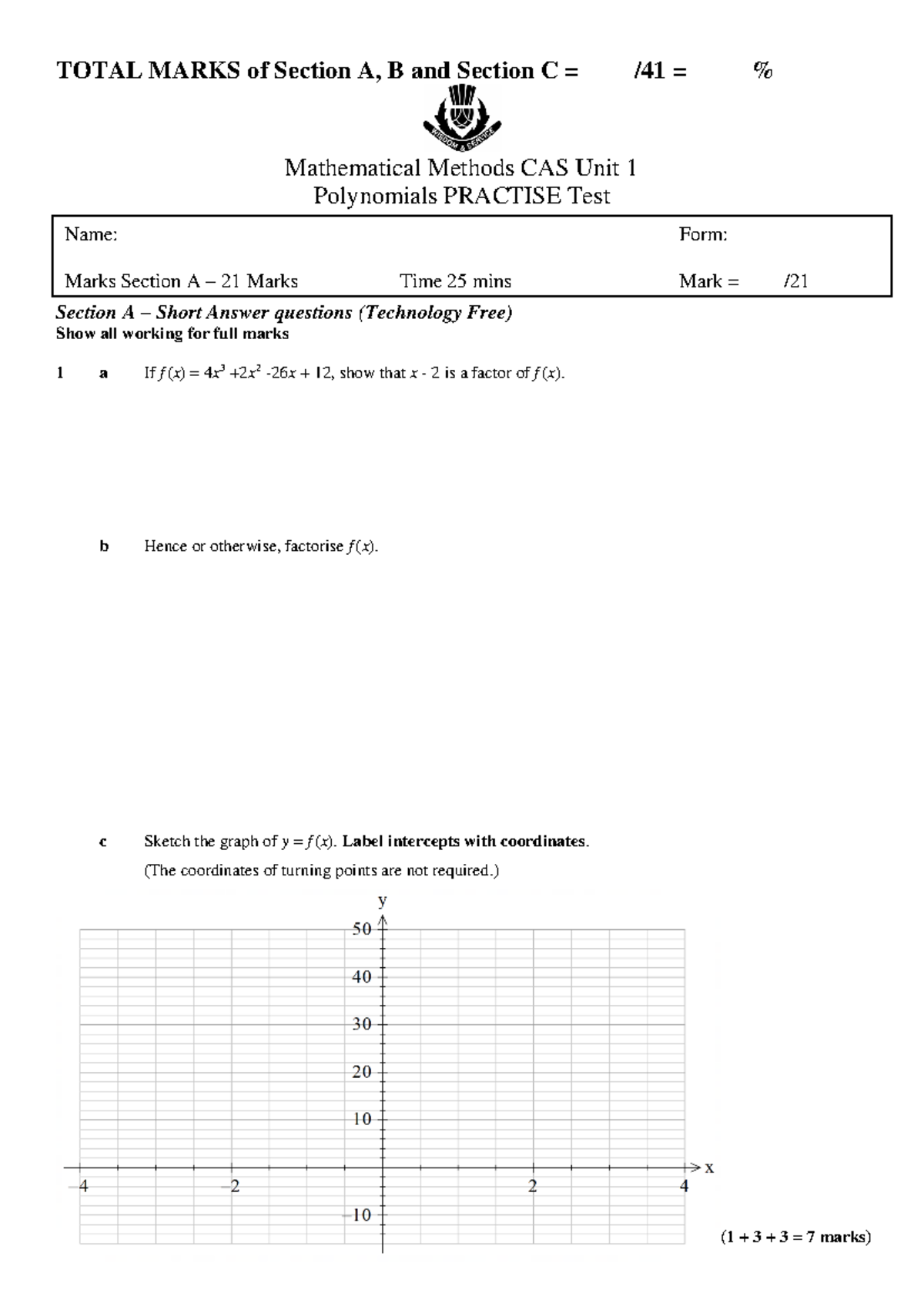 11mm Unit 1 Polynomials Practise Test Total Marks Of Section A B And Section C 41 