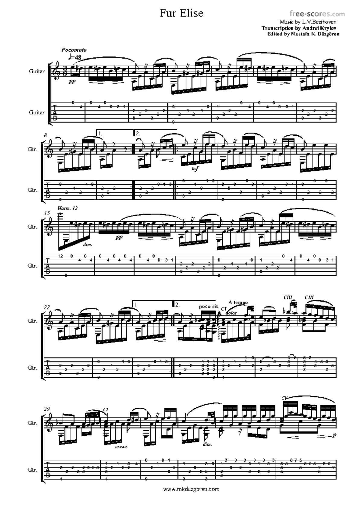 Beethoven fur elise guitar tab - - 0XVLF E\ / 9 %HHWKRYHQ 7UDQVFULSWLRQ ...