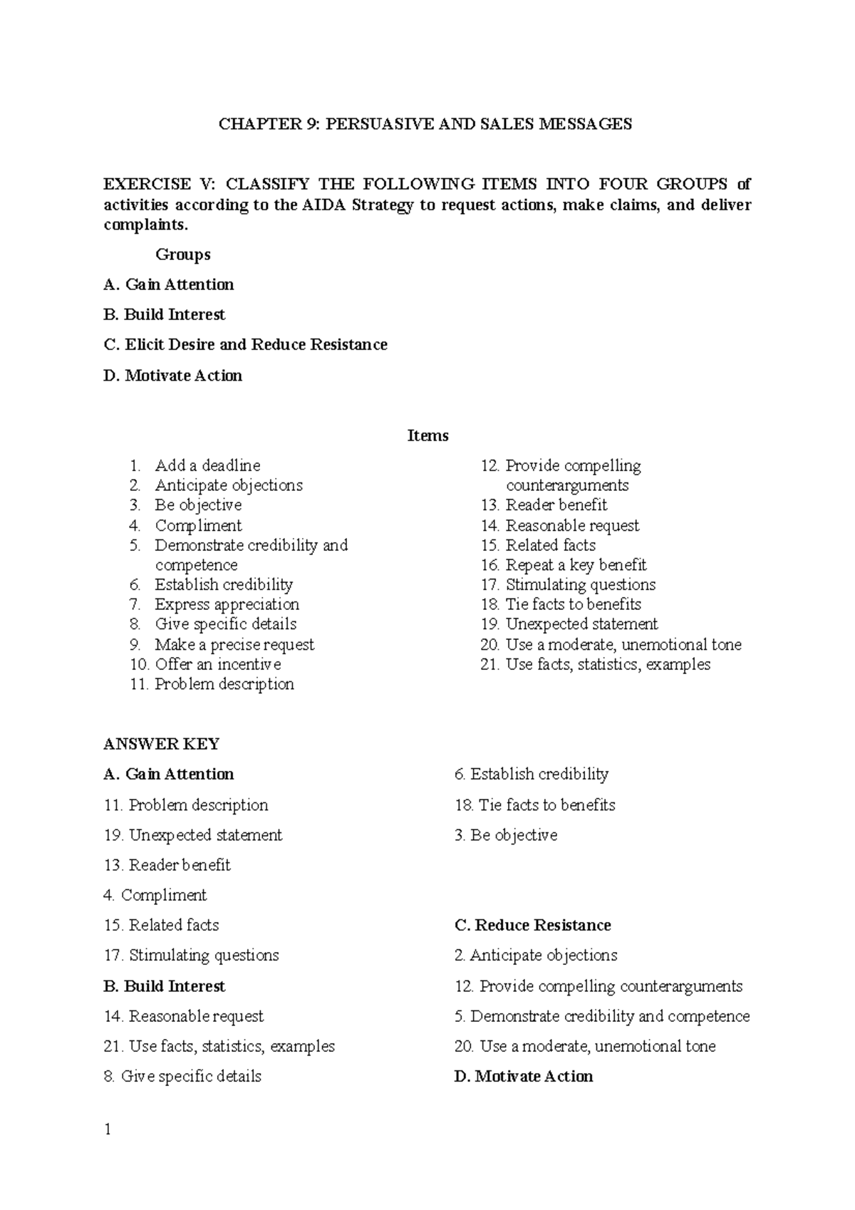 Chapter 9 - KEY - Key - CHAPTER 9: PERSUASIVE AND SALES MESSAGES ...