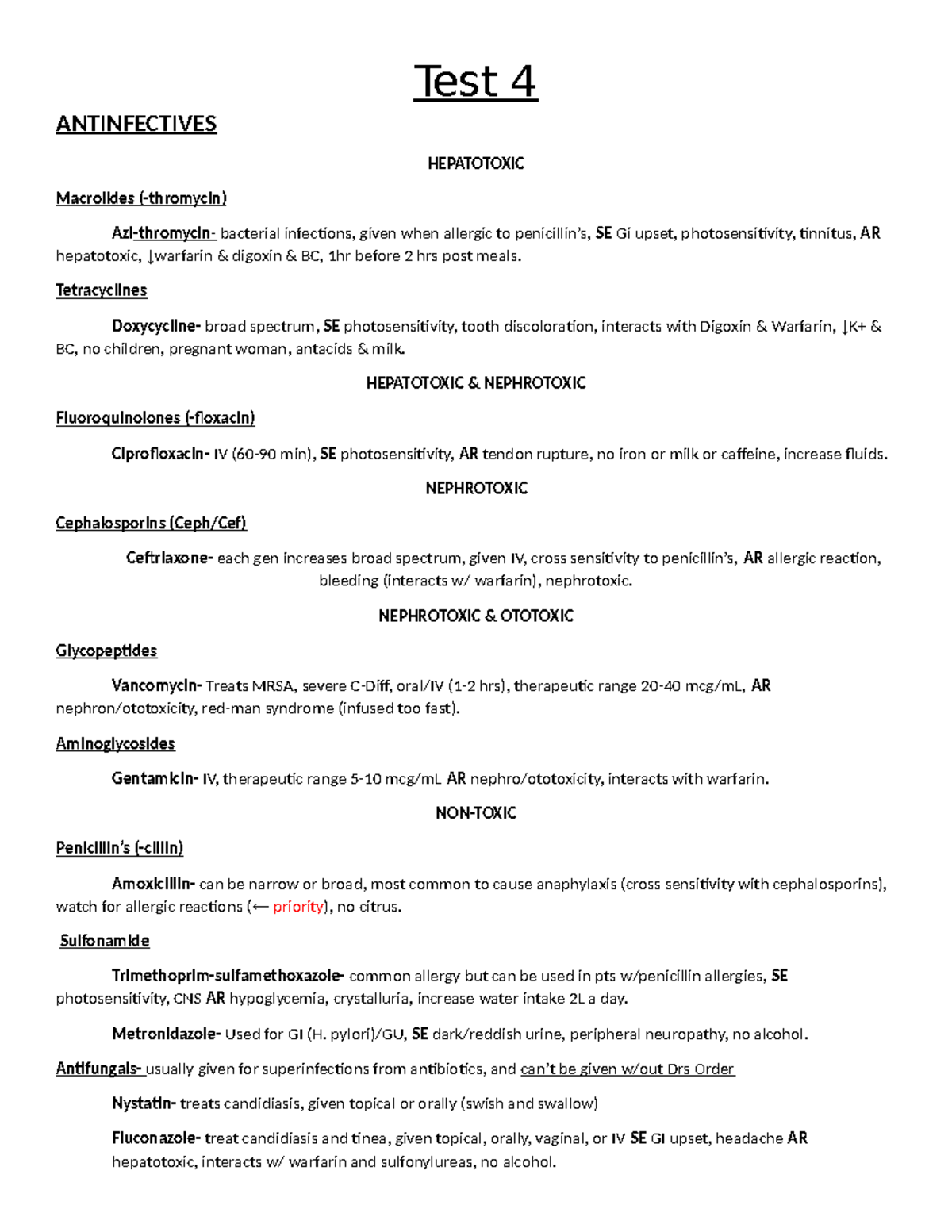 Test 4 - Summary Pharmacology - Test 4 ANTINFECTIVES HEPATOTOXIC ...