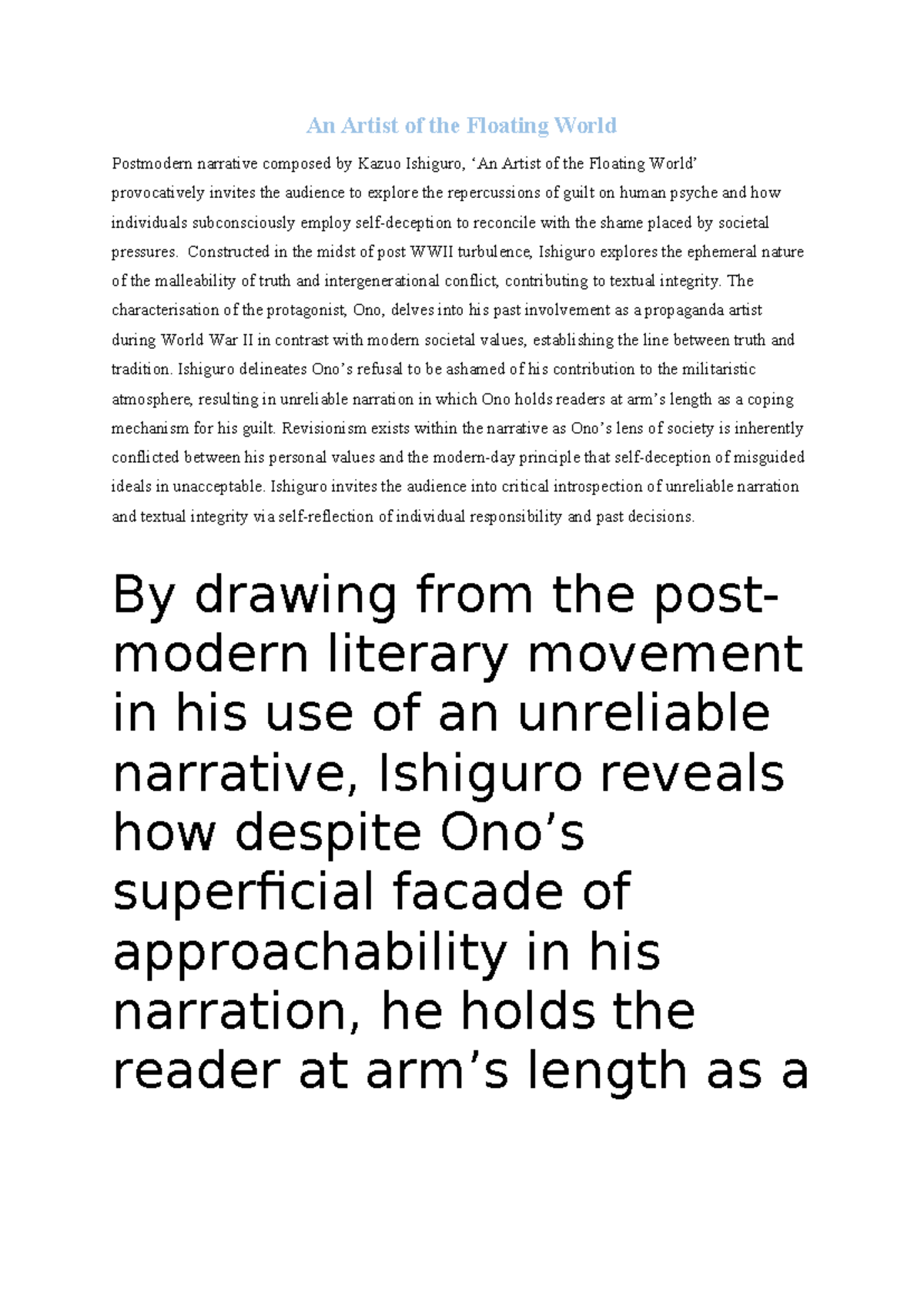 MOD B HSC Essay - An Artist of the Floating World Postmodern narrative ...