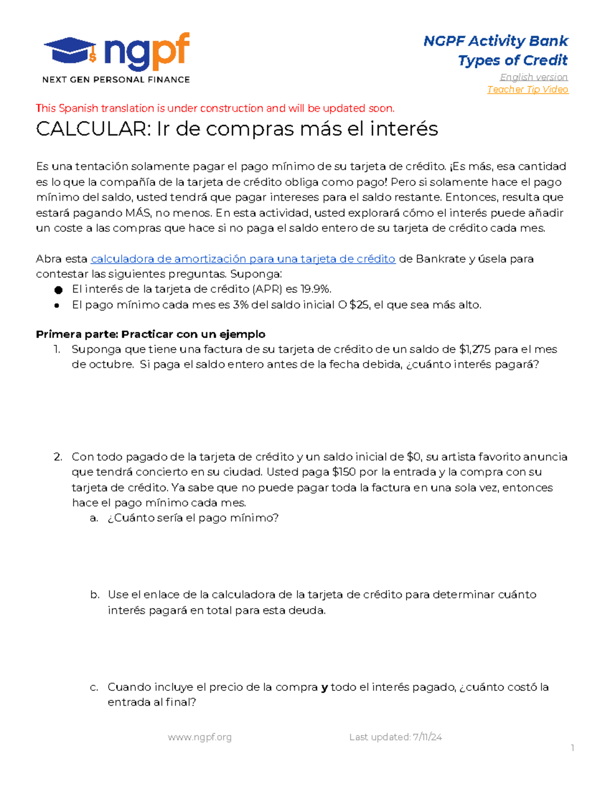 Sp Calculate Shopping with Interest - NGPF Activity Bank Types of ...