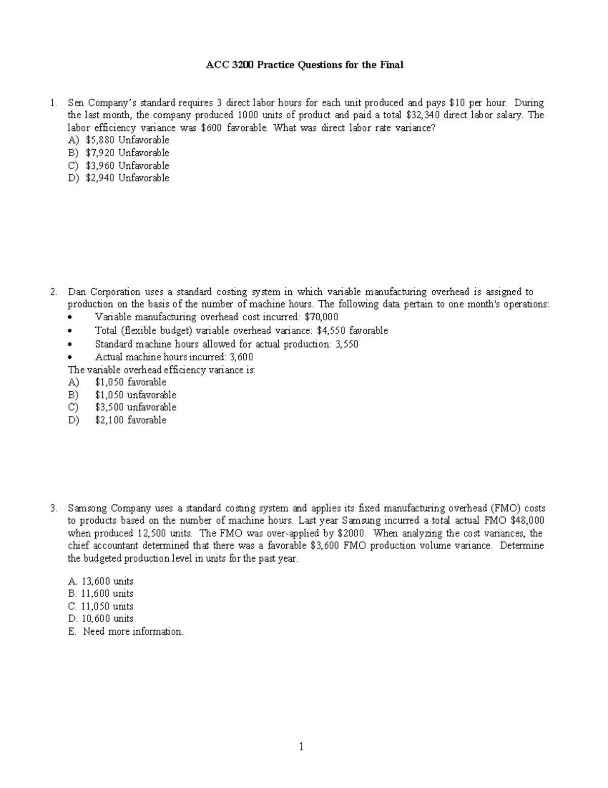 12 Practice Problems Final - ACC 3200 Practice Questions for the Final Sen Company’s standard ...