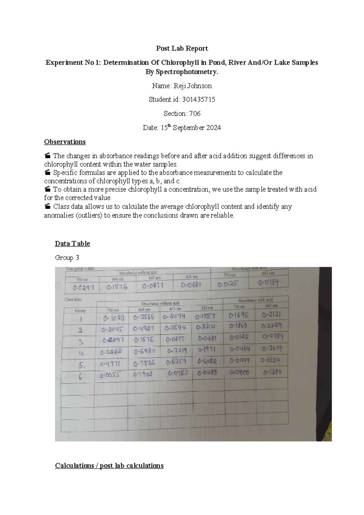 CH317 Exp No 1 Post lab Reji Jhonson - Post Lab Report Experiment No 1: Determination Of ...
