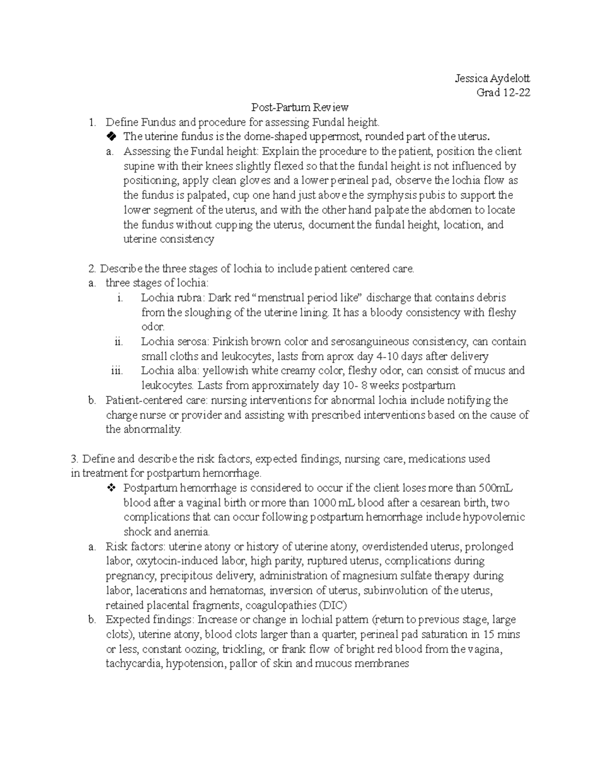 Post-Partum - post-partum questions - Jessica Aydelott Grad 12- Post ...