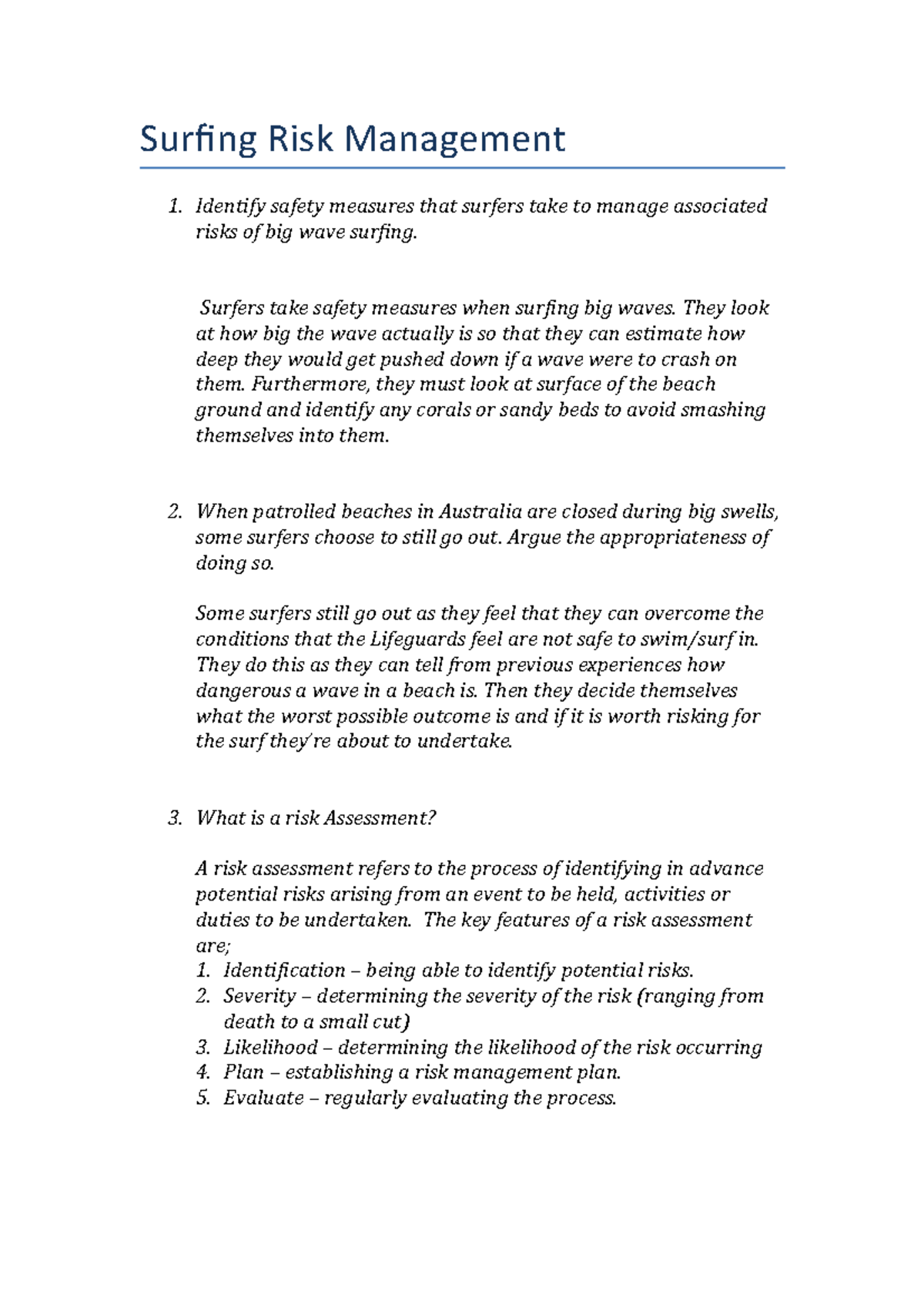 Surfing Risk Management - Identify safety measures that surfers take to ...