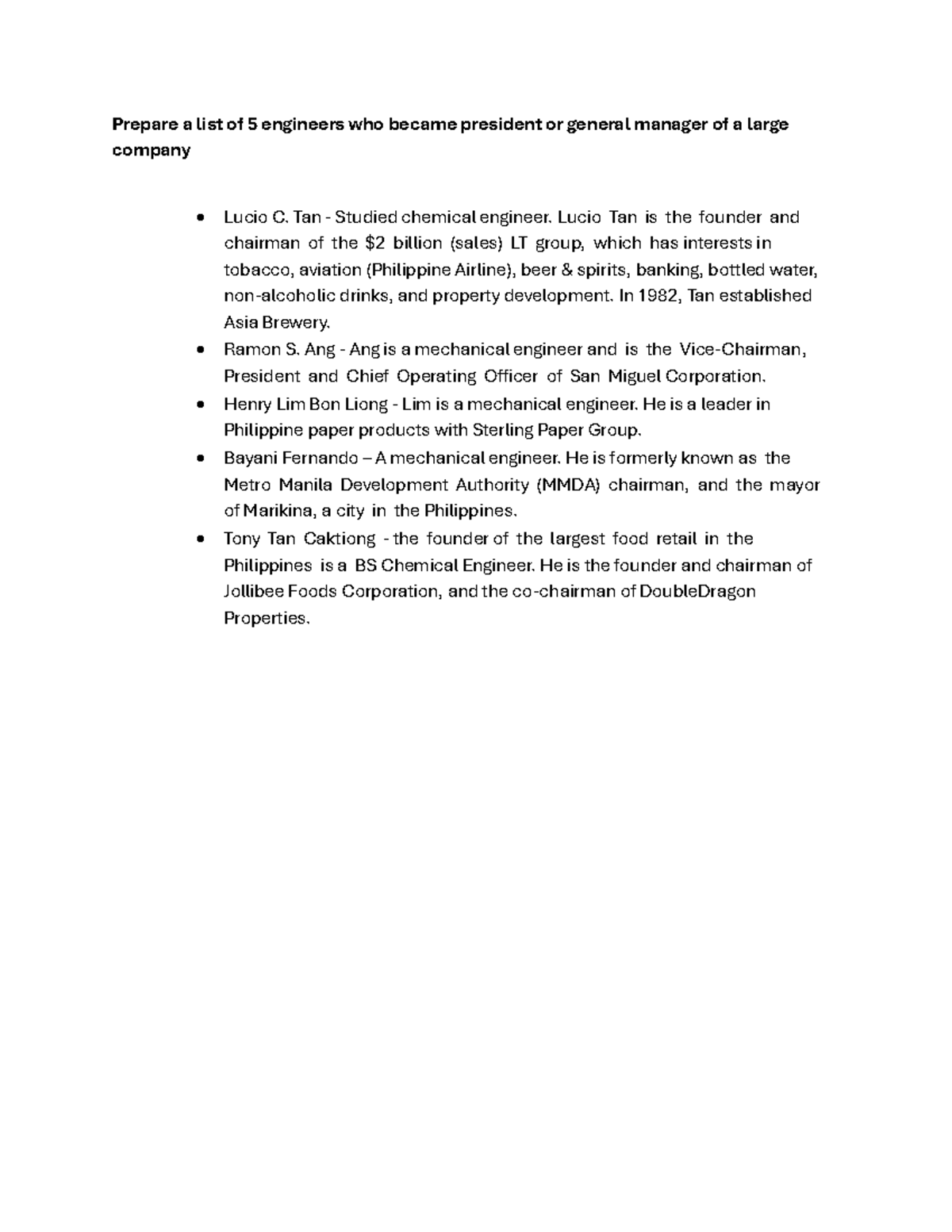 Engineering management - Prepare a list of 5 engineers who became ...