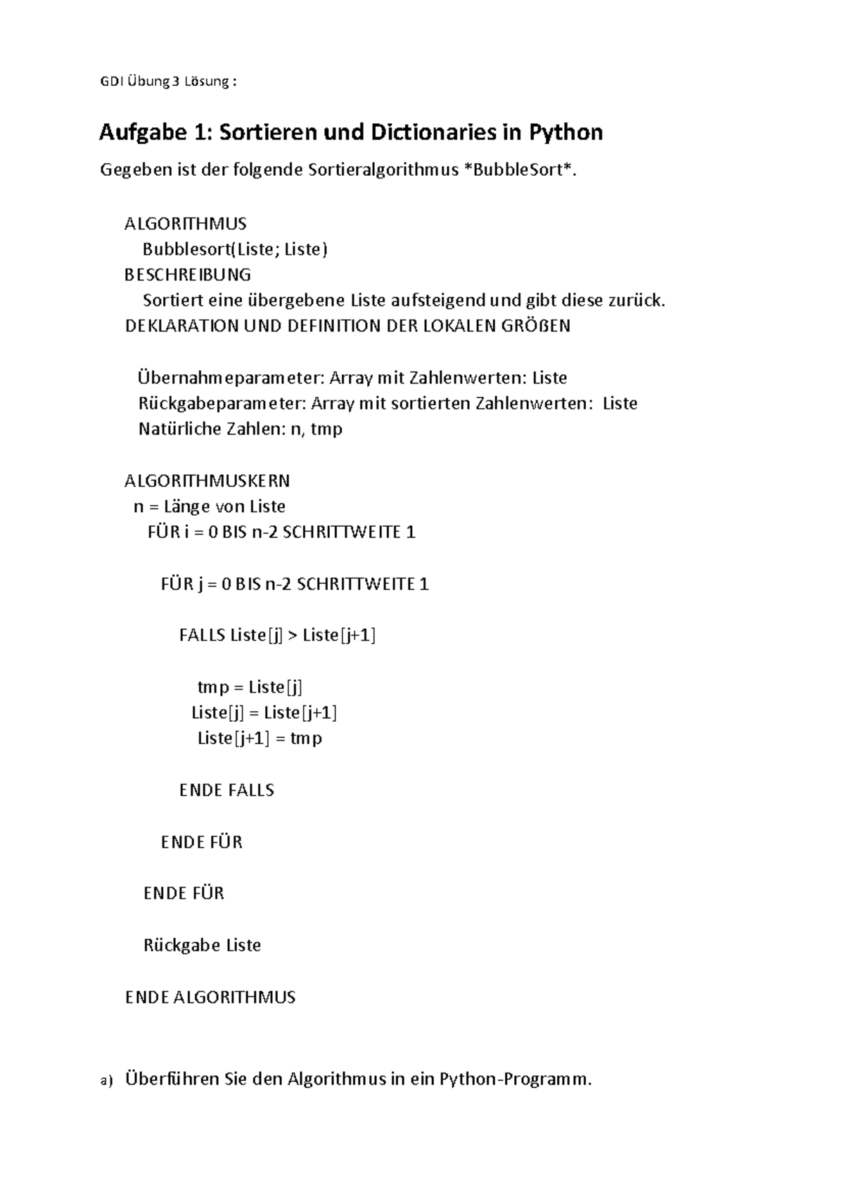 übung 3 Lösung 1-2 - GDI Übung 3 Lösung : Aufgabe 1: Sortieren und Dictionaries in Python ...