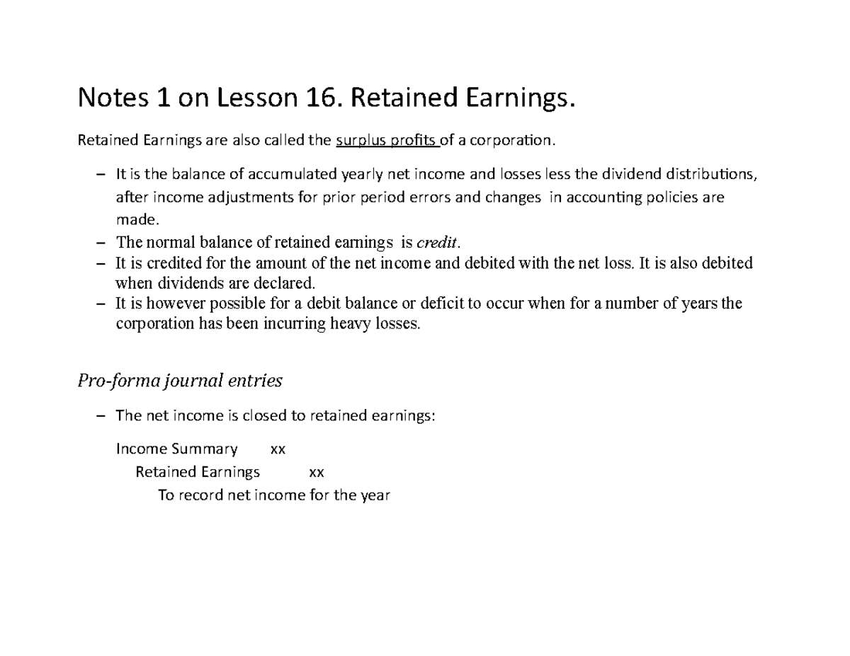 Notes 1 on Lesson 16. Retained Earnings - Notes 1 on Lesson 16 ...