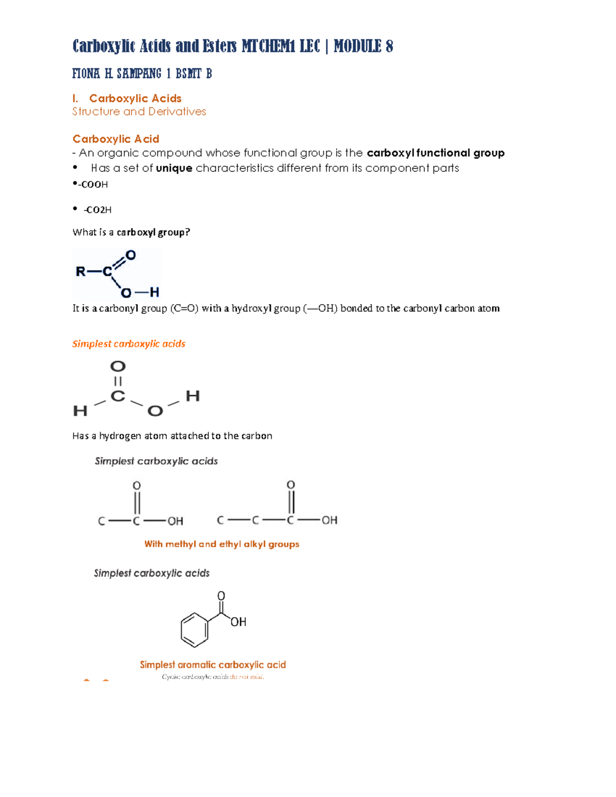 CHEM LECT M8 carboxylic and esters - FIONA H. SAMPANG 1 BSMT B I ...