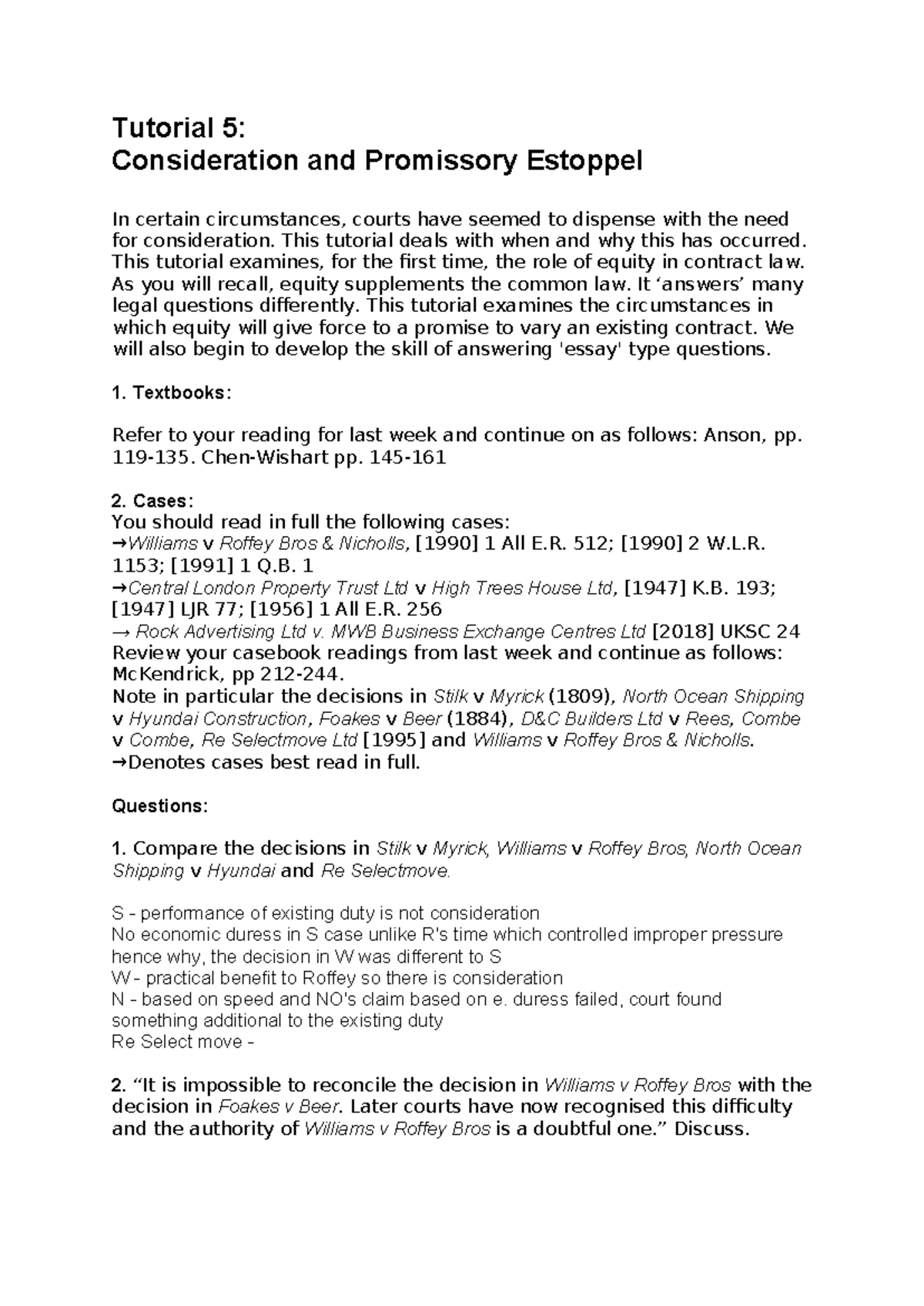 Tutorial 5- Consideration - Tutorial 5: Consideration and Promissory Estoppel In certain - Studocu