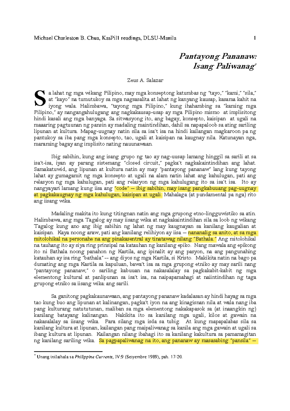 PANTAYONG PANANAW - S Pantayong Pananaw: Isang Paliwanag* Zeus A ...