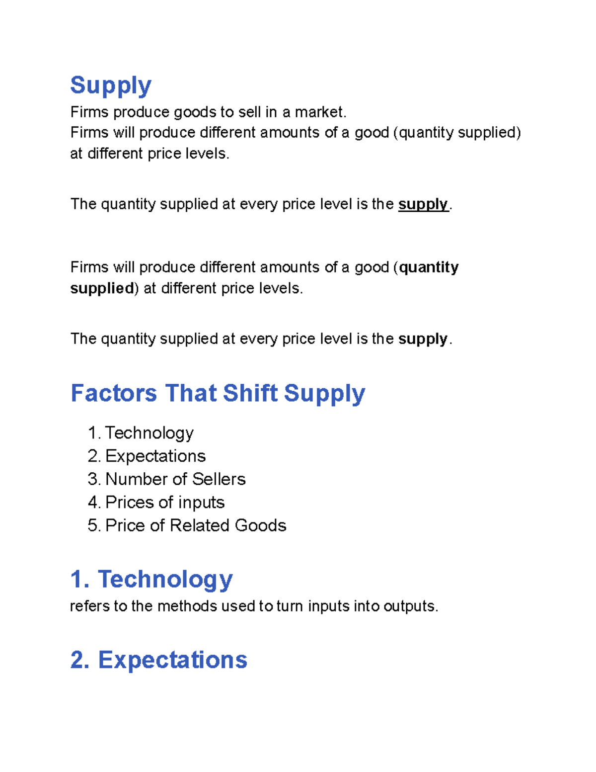 MICROECON CHAPTER 4 - Supply Firms produce goods to sell in a market. Firms will produce ...