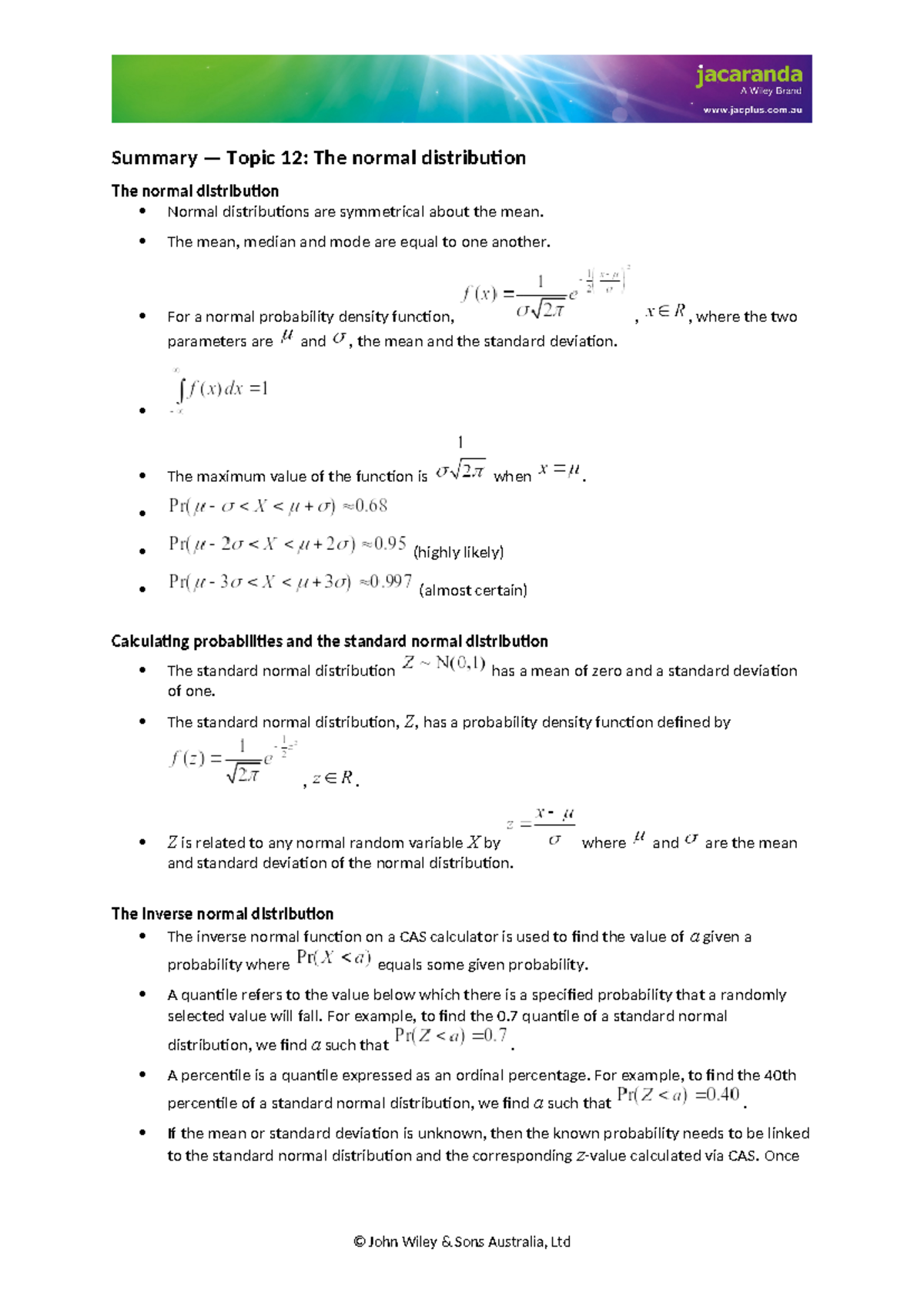 Summary Dot Points - Topic 12 - Summary — Topic 12: The normal distribution The normal ...