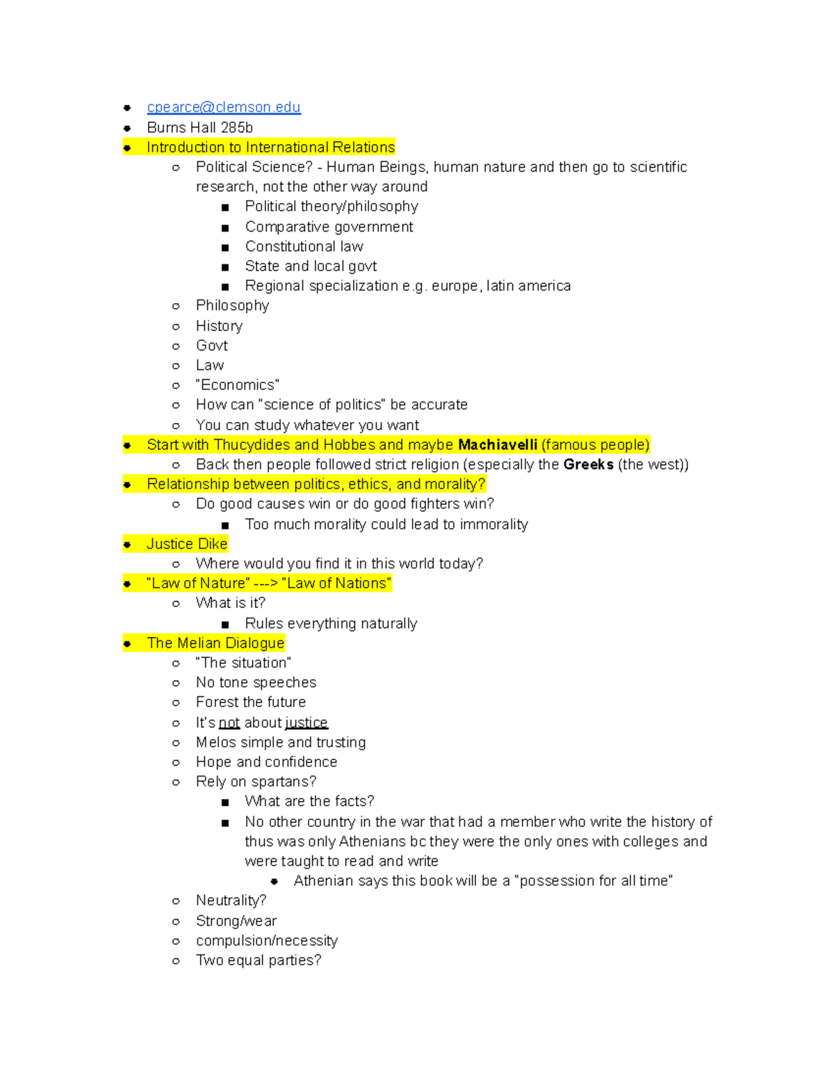 POSC 1020 - Notes from Colin Pearce - cpearce@clemson Burns Hall 285b ...