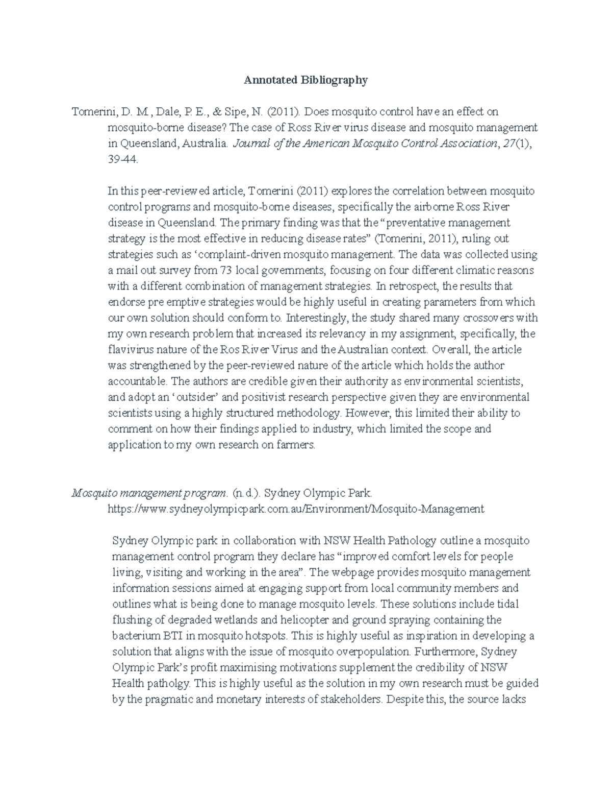 Annotated Bibliography - Annotated Bibliography Tomerini, D. M., Dale ...