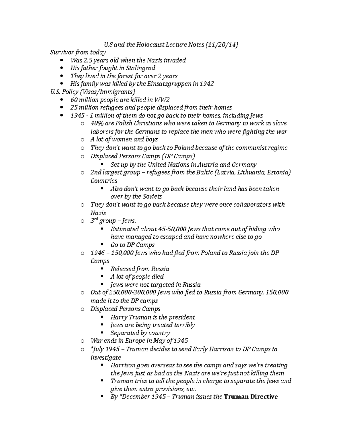 Holocaust lecture notes - Policy (Visas/Immigrants) 60 million people ...