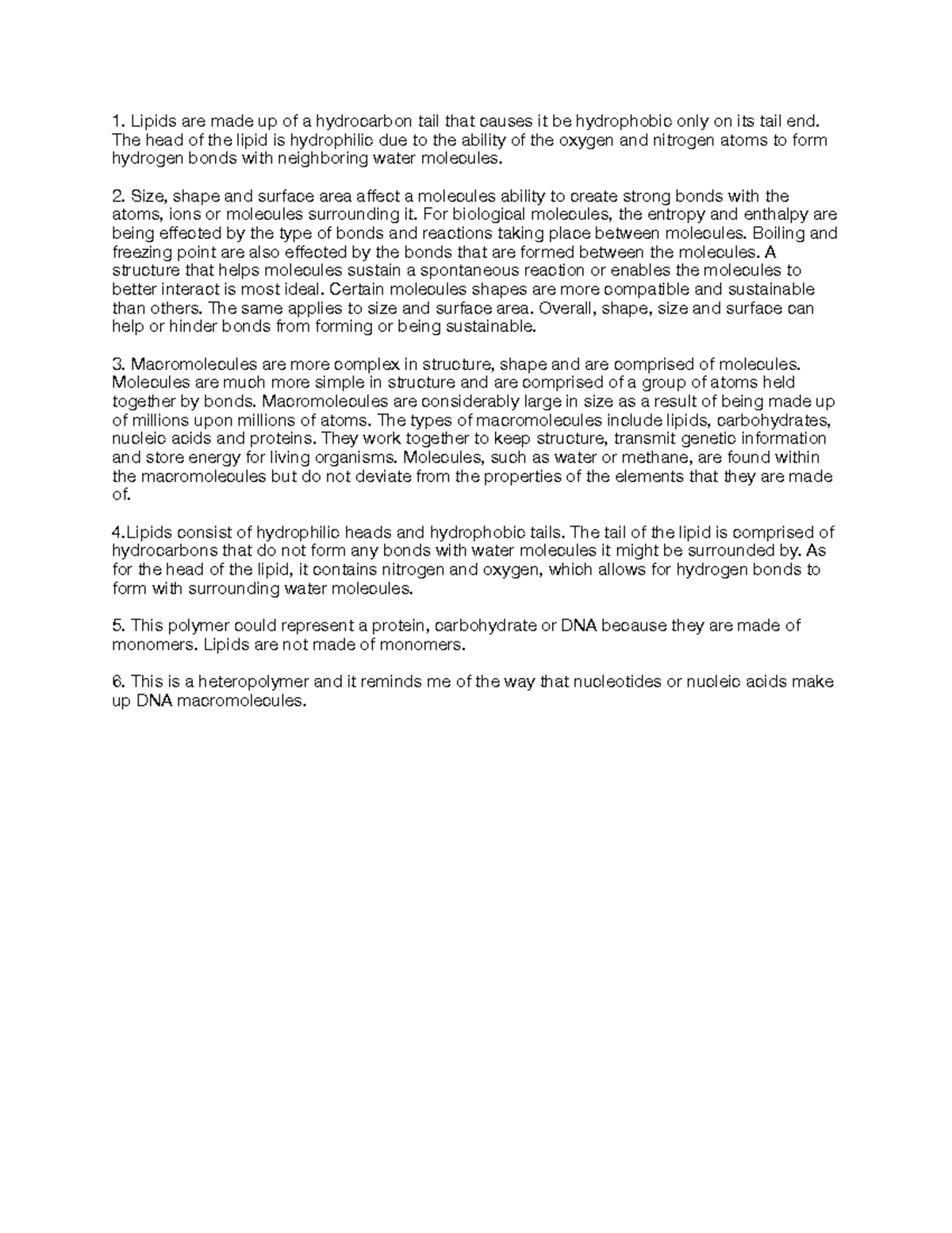 Short Answers/ Responses (lab3) - Lipids are made up of a hydrocarbon ...