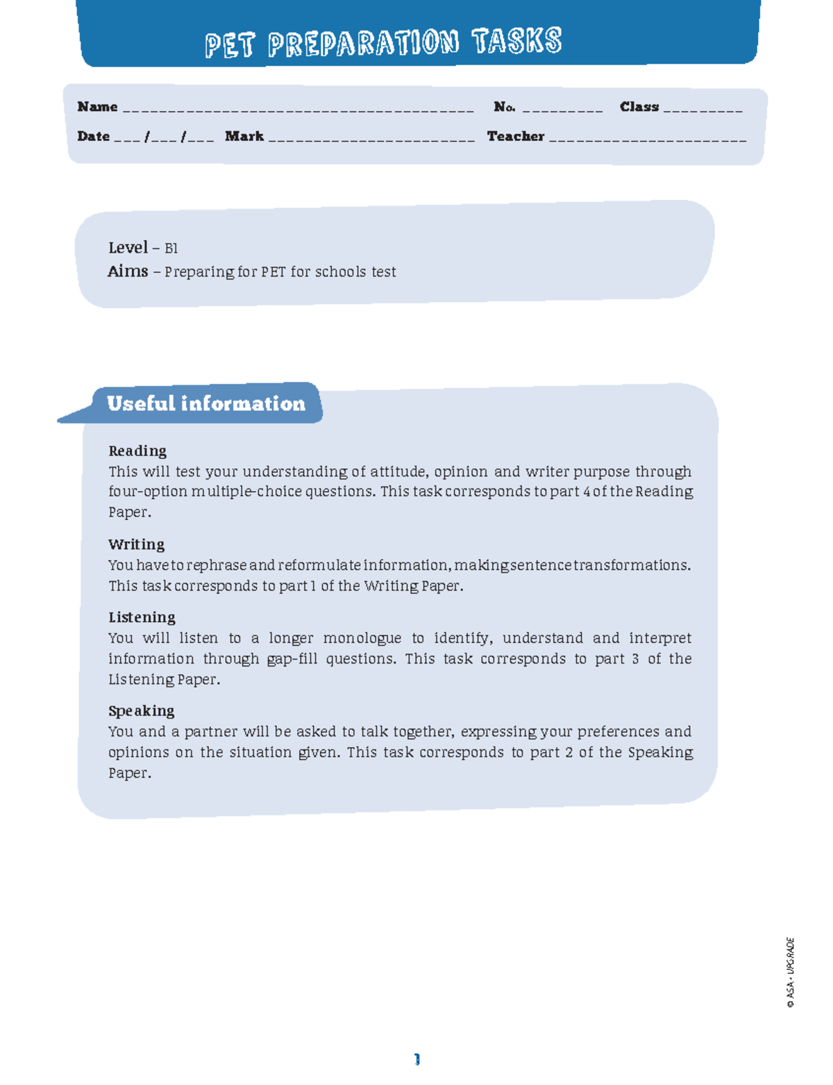 Upgrade PET Tasks - Name _______________________________________ No ...