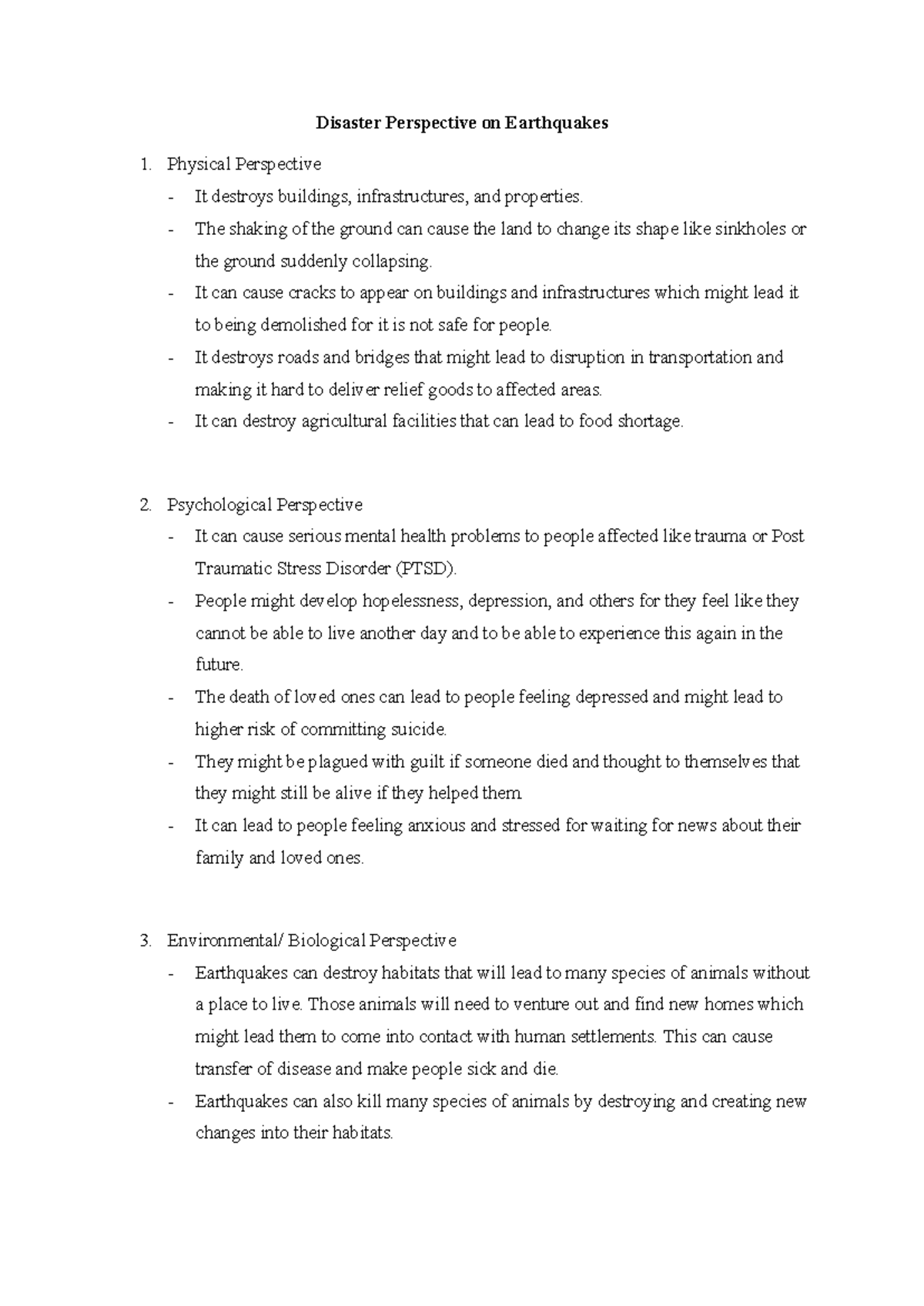 Disaster Perspective on Earthquakes - Disaster Perspective on ...
