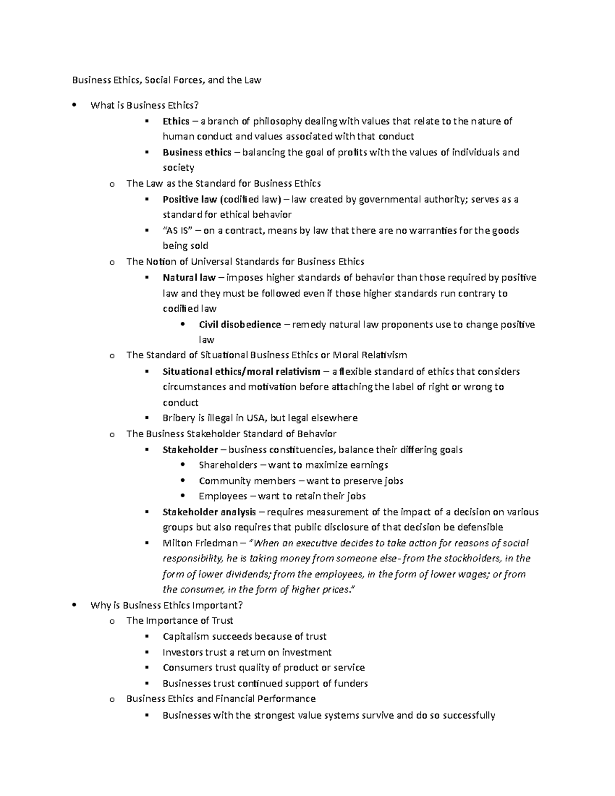Business Ethics Notes - Business Ethics, Social Forces, and the Law ...