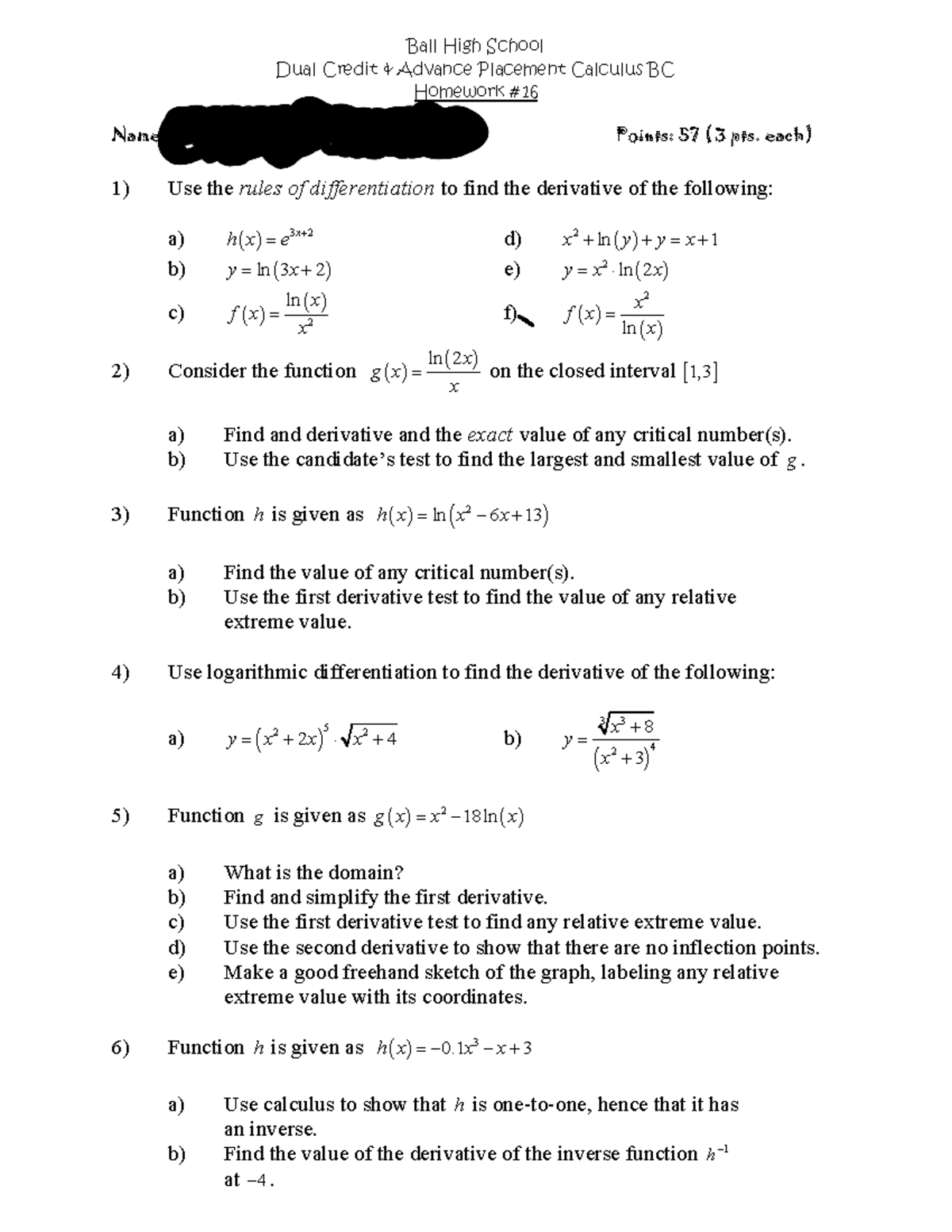 Hw16 - Homework 16 - Ball High School Dual Credit & Advance Placement ...