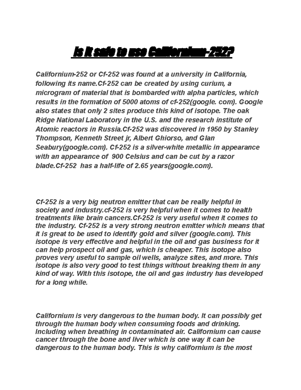 Etsey - Good source of info - Is it safe to use Californium-252 ...