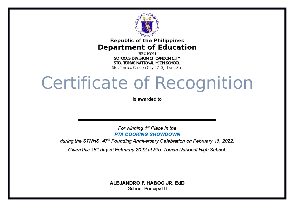 Certificates OF Participation - Certificate of Recognition Republic of ...