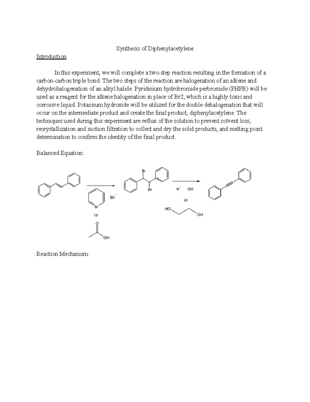 Diphenylacetylene Lab - Synthesis of Diphenylacetylene Introduction In ...