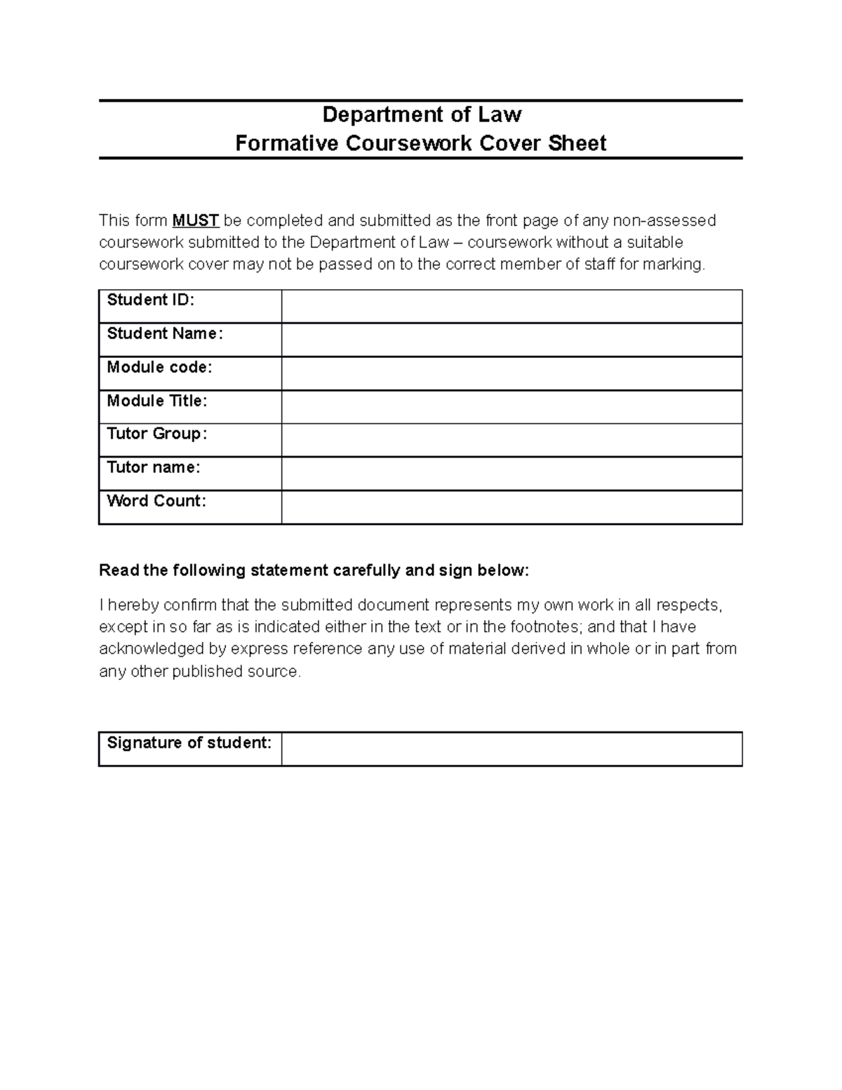 Formative coursework cover sheet - Department of Law Formative ...