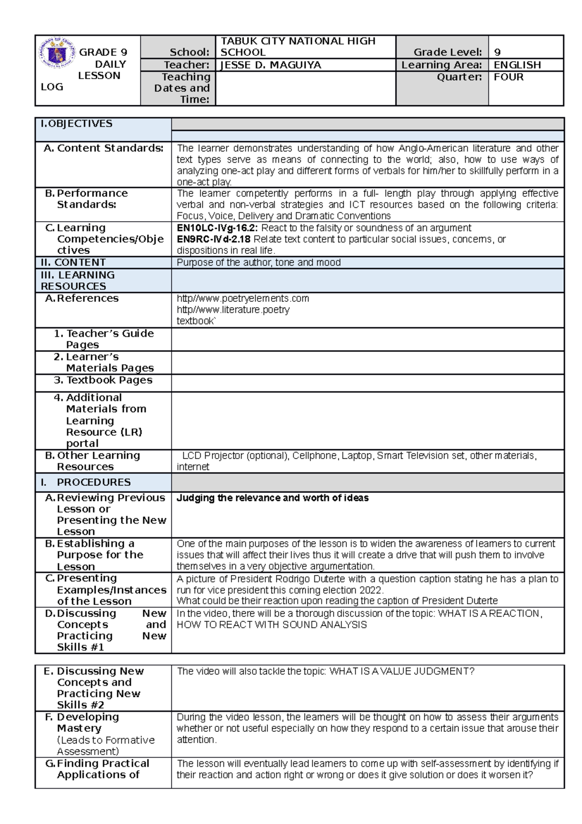 Demo DLL 4TH (english) - aaa - GRADE 9 DAILY LESSON LOG School: TABUK ...