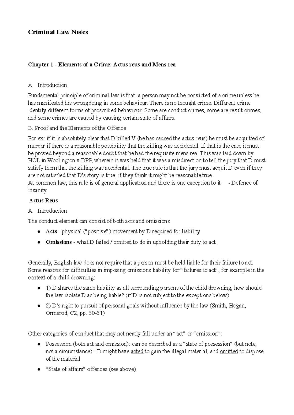 Criminal Law notes - Criminal Law Notes Chapter 1 - Elements of a Crime ...