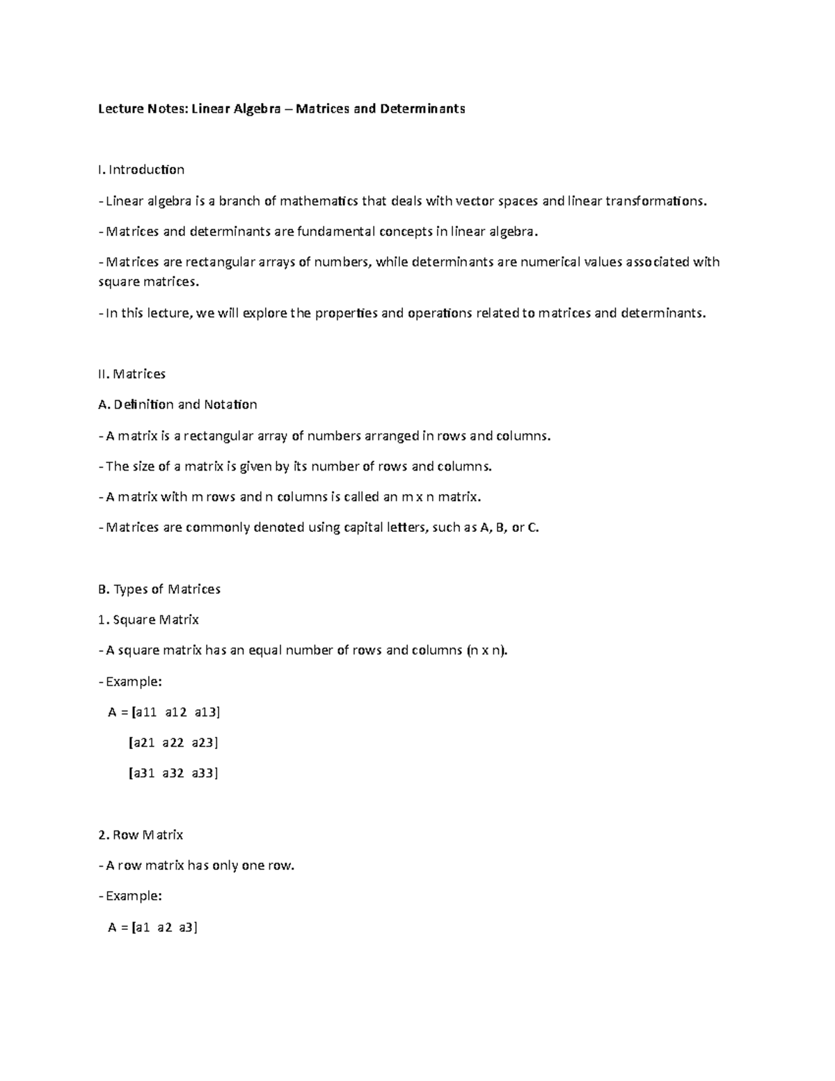 Lecture Notes Linear Algebra Matrices And Determinants Introduction Linear Algebra Is A