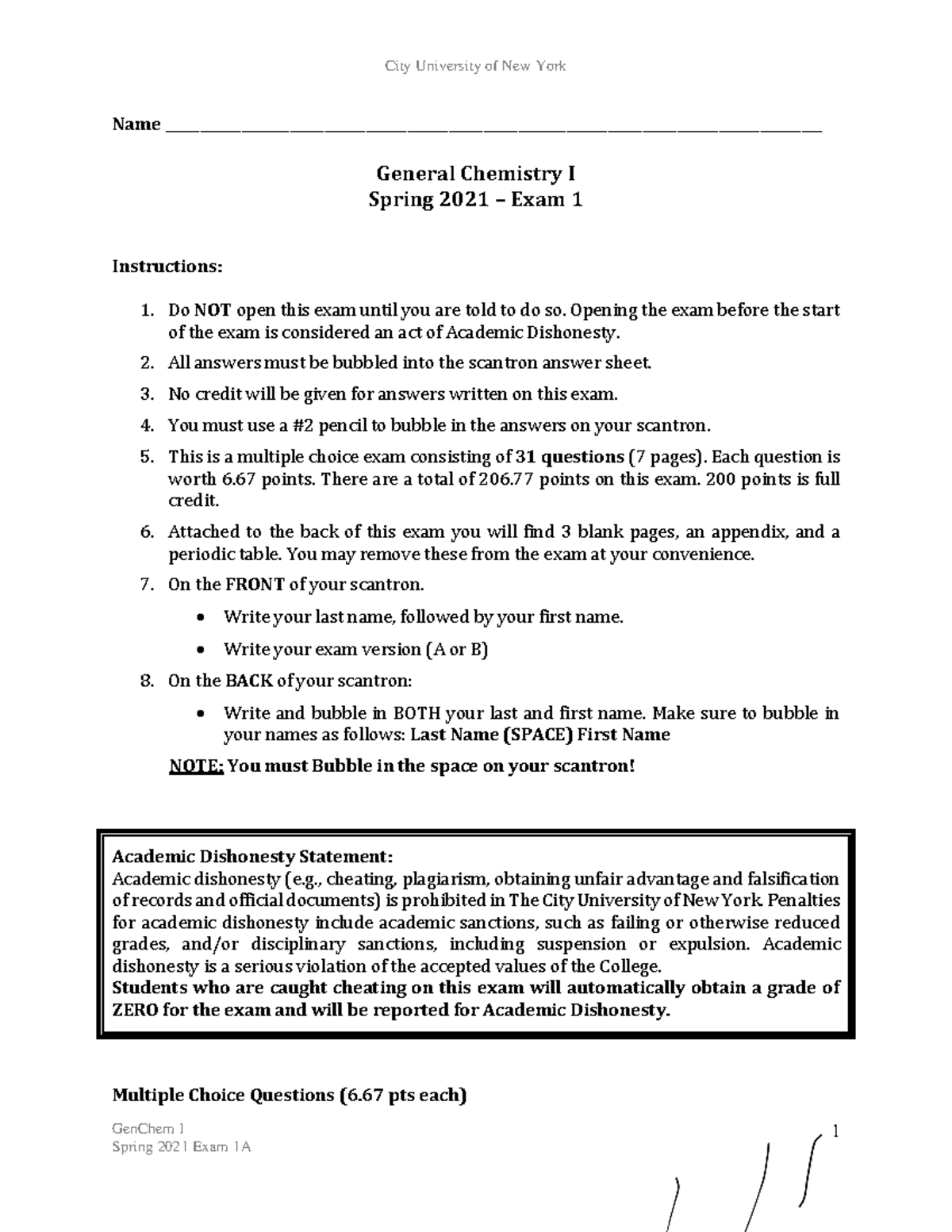 Practice questions for test - GenChem I 1 Name - Studocu