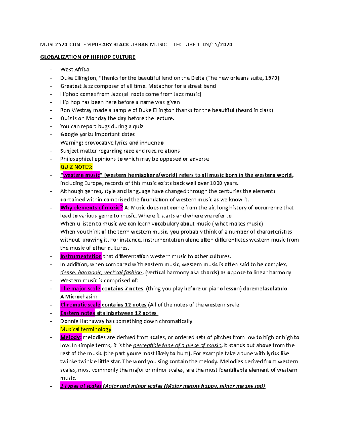 MUSI 2520 - Lecture 1 Notes - MUSI 2520 CONTEMPORARY BLACK URBAN MUSIC ...