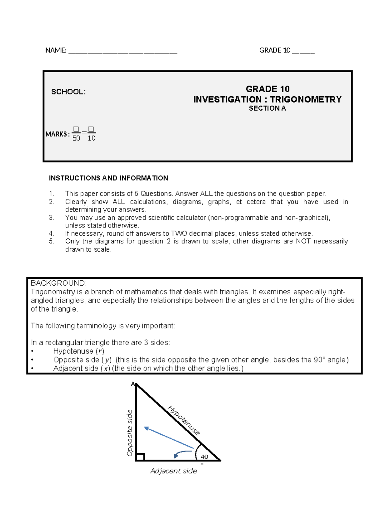 GR 10 Investigation TRIG - NAME: _____________________________ GRADE 10 ...