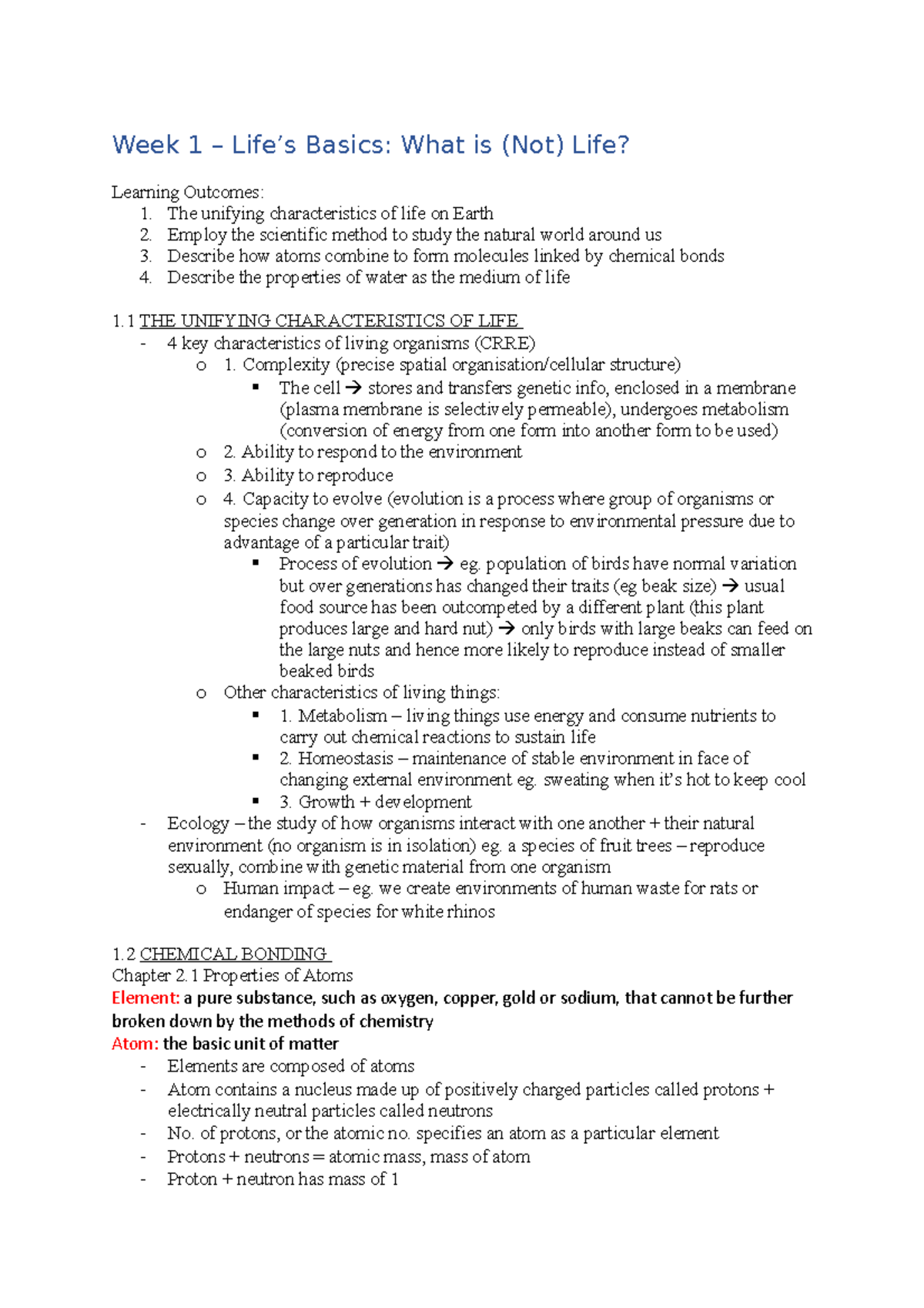 Week 1 BIO1011 - Week 1 – Life’s Basics: What is (Not) Life? Learning ...