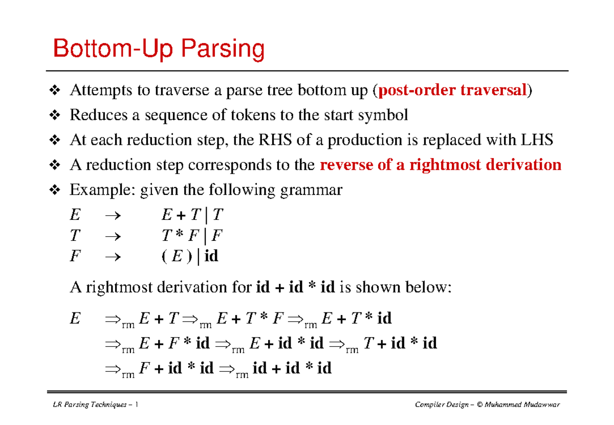 LR Parsing NEW - ewrf - Bottom-Up Parsing Attempts to traverse a parse ...